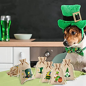 Riakrum 48 Pieces St. Patricks Day Burlap Gift Bags with Drawstring St. Patricks Day Shamrock Linen Goody Gift Bags Jute Treat Candy Bags for St. Patrick's Day Party Supplies, 4 Different Designs