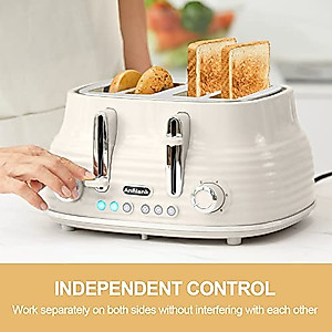 Anfilank 4-Slice Toaster, 1.5" Extra Wide Slots, Retro Stainless Steel with High Lift Lever, Cancel, Bagel, Defrost Function, Removal Crumb Tray, 6-Shade Settings, Dual Independent Control Panel, (Cream)