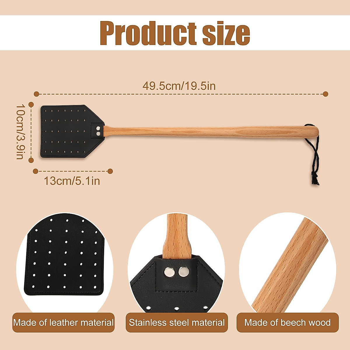 PEUTIER 2pcs Leather Fly Swatter, 19.5 Inch Long Heavy Duty Flyswatter Manual with Wooden Handle Fly Catcher for Indoor Outdoor (Black, Brown)