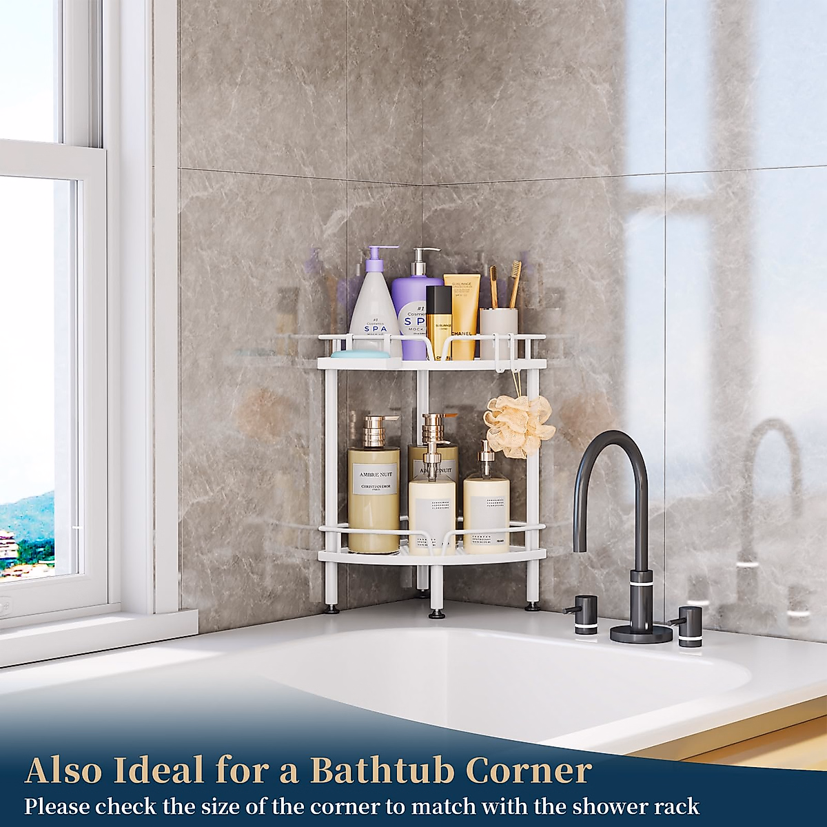 Consumest Corner Shower Caddy Stand - 2 Tier Shower Organizer with Soap Holder, Standing Tall Floor Shower Stand with Adjustable Feet & 2 Hooks, Shower Shelf Rack Storage for Bathroom White