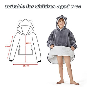 L'AGRATY Kids Wearable Blanket Hoodie Flannel Sherpa Oversized Sweatshirt Hooded Blanket Throw with Sleeves and Big Pocket Cozy Fluffy Warm Soft Giant Winter Sweater Blanket Hoodie for Boys Girls