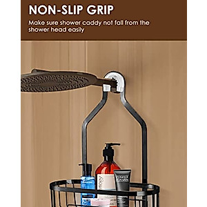 Innovatronic Bathroom Hanging Shower Organizer, Over Head Shower Caddy Basket with Hooks for Razor and Sponge, Rustproof, Anti-Swing (Black)