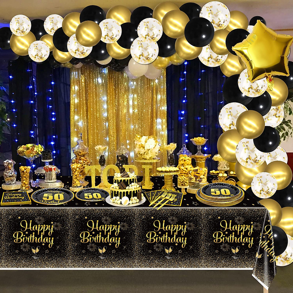 Hegbolke 50th Birthday Decorations for Women and Men - 81 Pcs Plates Napkins 50th Tablecloth Forks Set Black and Gold Party Decorations Serve 20