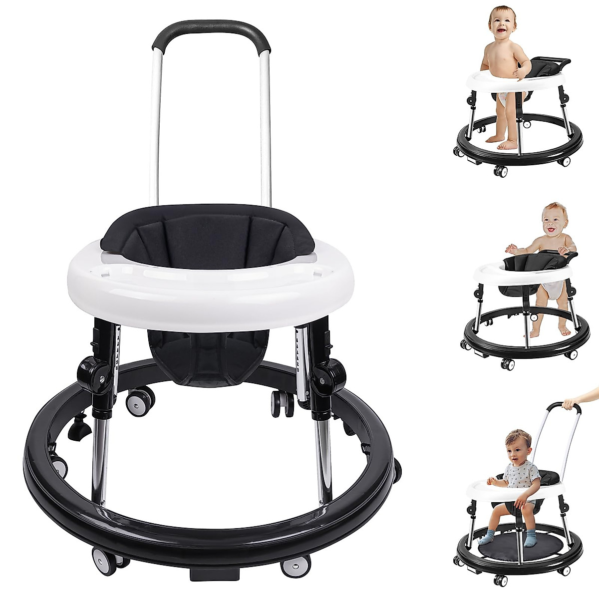 Baby Walker with Wheels, 3 in 1 Activity Center with Mute Wheels Anti-Rollover, 9-Gear Height Adjustable Foldable Baby Walker for Boys and Girls from 6-18 Months with Push Handle, Footrest