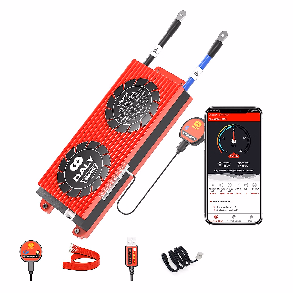 DALY Smart BMS 4S 12V 100A LiFePO4 PCB Protection Board with Balance Leads, Wires 3.2V Battery Protection Module BMS for 18650 Battery Pack 12V with UART(Smart BMS,100A)
