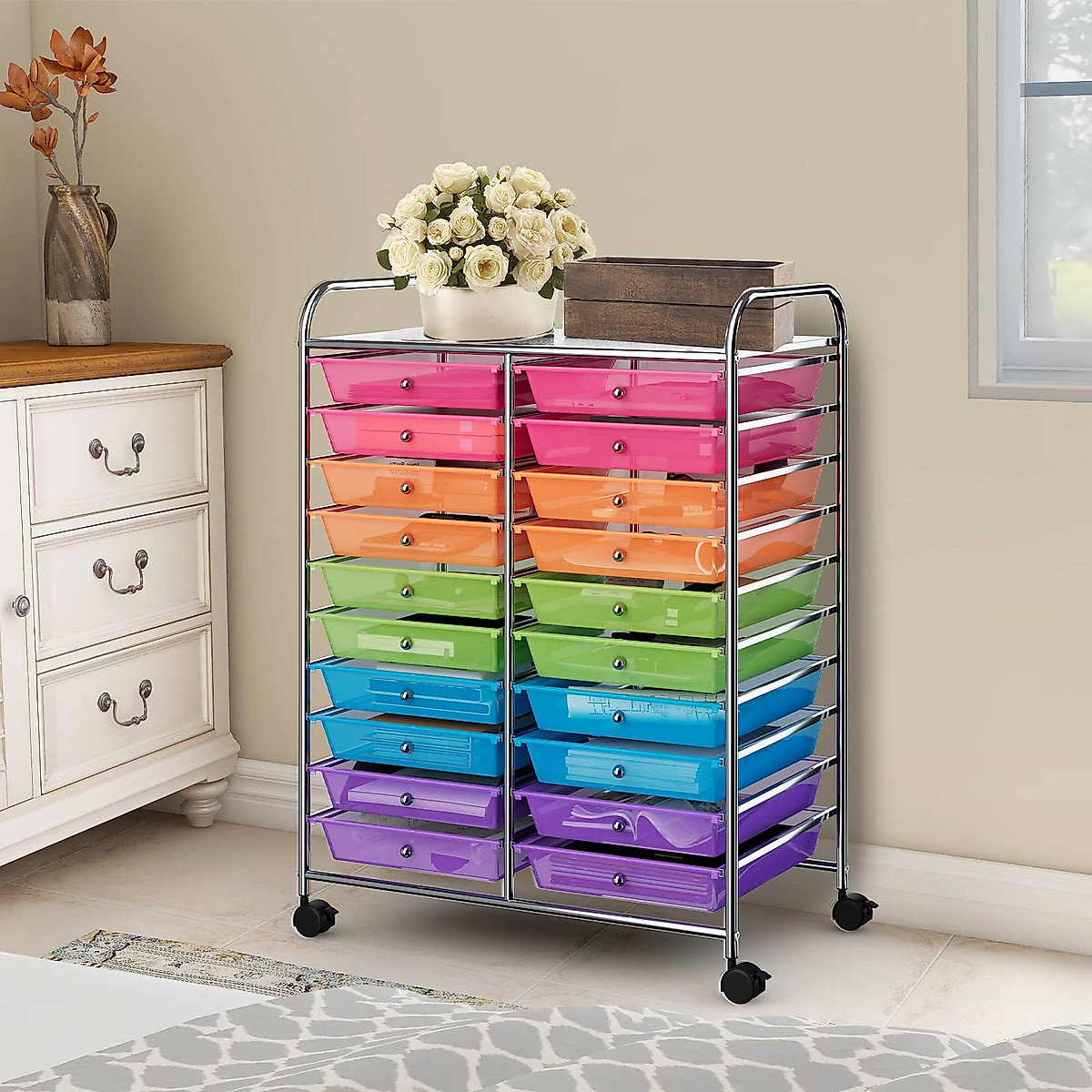 COSTWAY 20-Drawer Rolling Storage Cart, Utility Storage Organizer Cart for Tools, Scrapbook, Paper, Craft, Multipurpose Storage Trolley on Wheels for Home Office School (Rainbow)