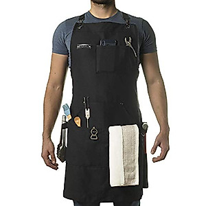 Asaya Chef, BBQ and Work Apron with Bottle Opener and Hand Towel - Durable 10oz Cotton Canvas, Brass Hardware and Cross Back Straps - For Men, Women, Grilling, and Cooking (Black)