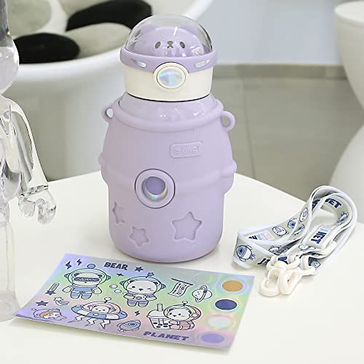 JQWSVE Kawaii Water Bottle Cute Stainless Steel with Straw and Stickers, Vacuum Insulated Cartoon Astronaut Thermos Carrier Holder for Boys Girls (500ml) Purple