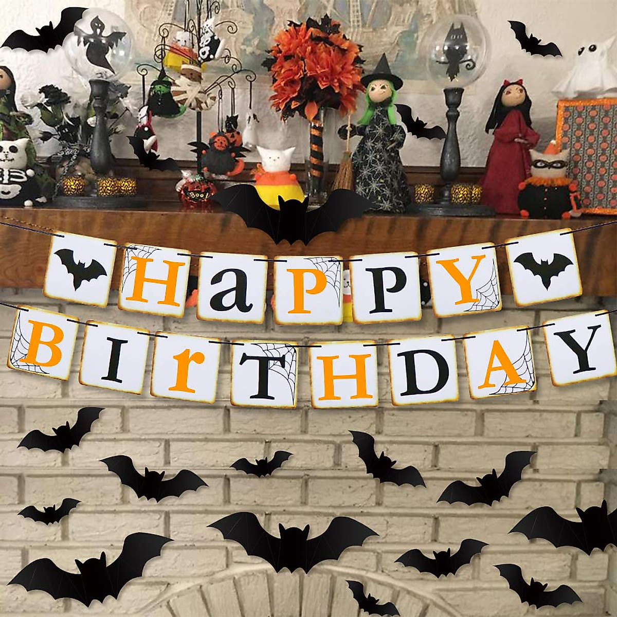 Halloween Birthday Party Decorations, Orange Black Latex Balloons Happy Birthday Banner 32pcs Black Vampire Bats for Kids Halloween Theme Birthday Party Supplies Kit