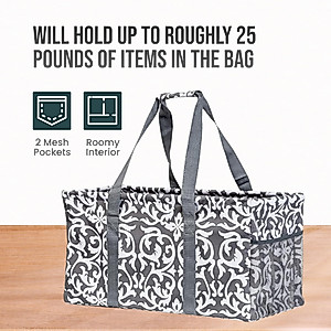Lucazzi Extra Large Utility Tote Bag - Oversized Collapsible Reusable Wire Frame Rectangular Canvas Basket With Two Exterior Pockets For Beach, Pool, Laundry, Car Trunk, Storage - Gray Elephant