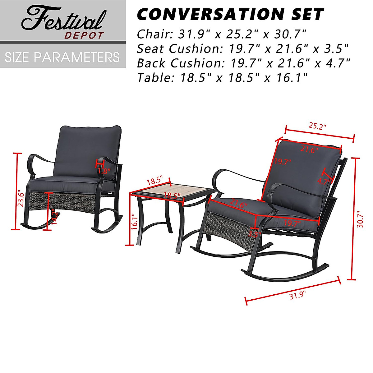 Festival Depot PE Wicker Rocking Chair Set, Patio Bistro Set, 3 Pieces Outdoor Furniture, Conversation Sofa Set of 2 Armchairs & Coffee Table with Removable Cushion All Weather Casual Craft Cozy Small