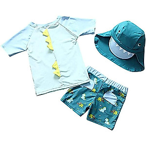 SWMSTUPF Baby Boys Swimsuit Toddler Two Pieces Swimwear Set Dinosaur Bathing Suit Rash Guards with Hat UPF 50+（Dinosaur,18-24Months）
