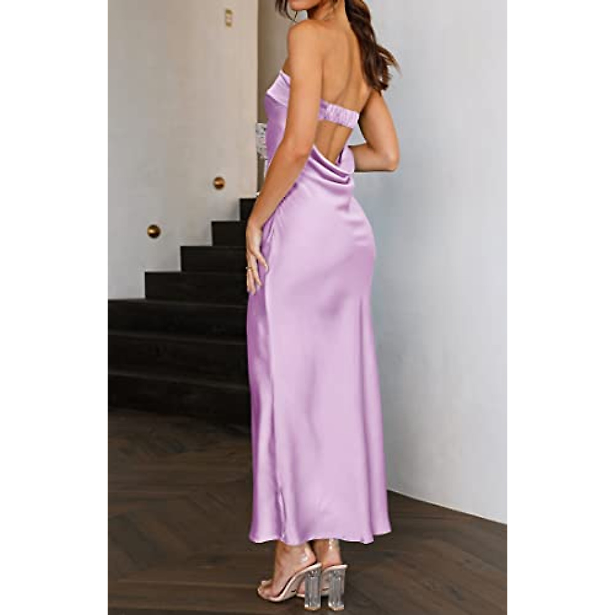 ZESICA Women's 2023 Summer Satin Strapless Dress Sexy Backless Bodycon Wedding Cocktail Party Maxi Dresses,Purple,X-Large