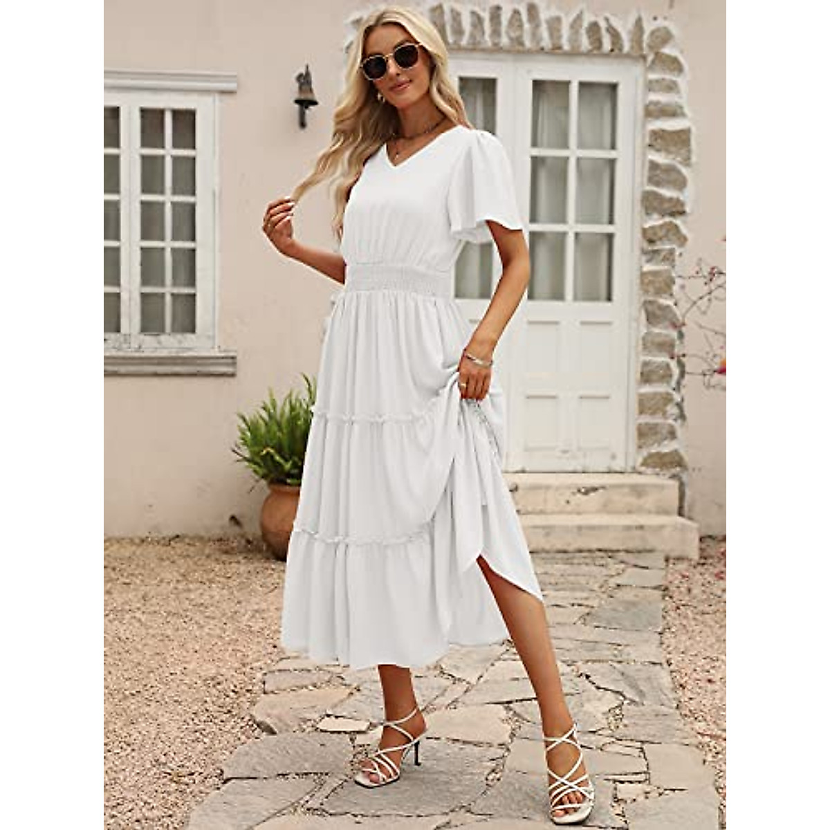 LILLUSORY Womens Midi Dresses 2023 Summer Short Sleeves Flowy Tiered Long Maxi Dress White