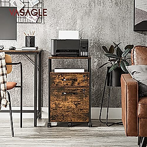 VASAGLE File Cabinet with Lock, Filing Cabinet with 2 Storage Drawers, for Hanging File Folders, Open Shelf, Home Office, Steel Frame, Industrial, Rustic Brown and Black UOFC077B01