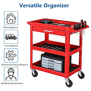 TUFFIOM 3 Tier Rolling Tool Cart, 330 LBS Capacity Industrial Service Cart, Heavy Duty Steel Utility Cart, Tool Organizer with Drawer, Perfect for Garage, Warehouse & Repair Shop (Red)