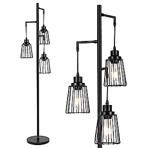 Dimmable Floor Lamp, 3 Edison Bulbs Included, 3-Light Farmhouse Industrial Standing Tree Lamp Industrial Floor Lamp with Elegant Teardrop Cage Heads Tall Lamps for Bedroom Office Dining Room