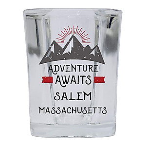 R and R Imports Salem Massachusetts Souvenir 2 Ounce Square Base Liquor Shot Glass Adventure Awaits Design