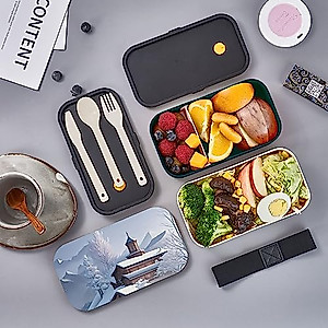 Winter Landscape Adult Lunch Box, Bento Box, With Cutlery Set Of 3, 2 Compartments, Rectangular, Lunch Box For Adults