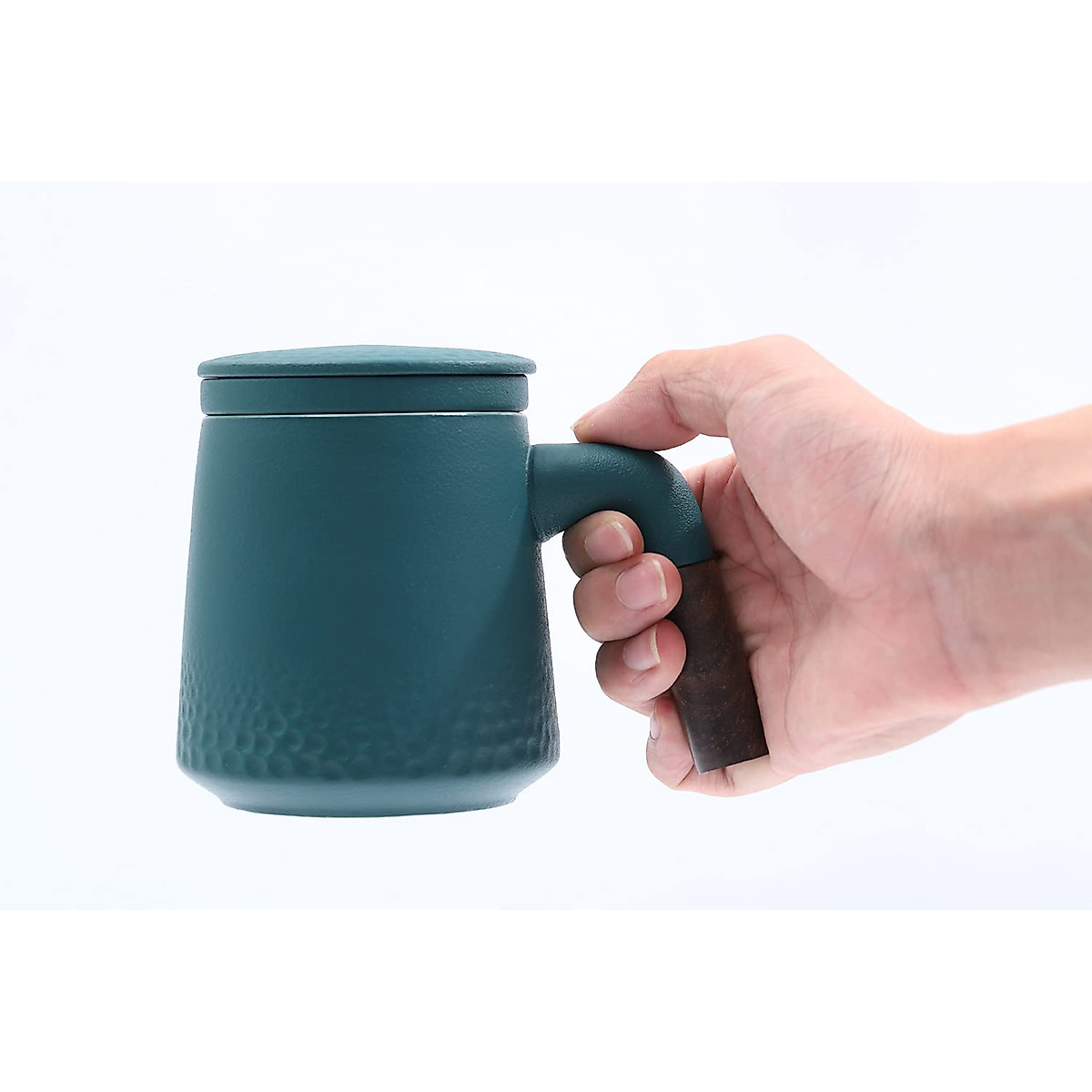 NCQIXIAO Tea Cup with Infuser and Lid, Raindrop Style Tea Mug Cups with Infuser, Wood Handle Ceramic Coffee Mug with Lid for Steeping Loose Leaf Tea 320ml/10.82OZ (Dark Green)