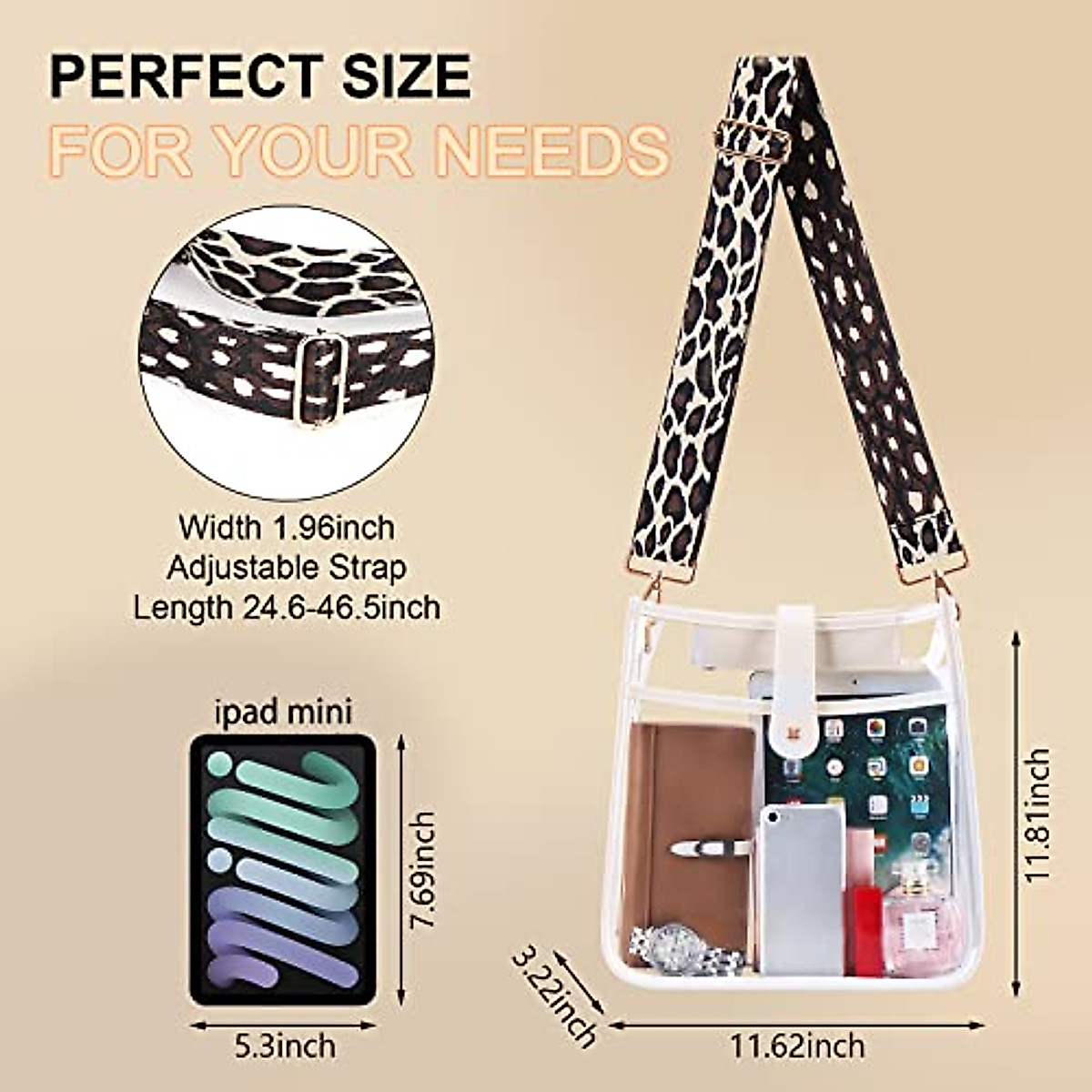 BOBOKA Clear CrossBody Bag with Leopard Guitar Strap Clear Bag Stadium Approved Shoulder See Through Handbag Purse for Women