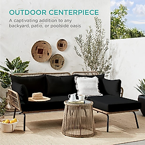 Best Choice Products Outdoor Rope Woven Sectional Patio Furniture L-Shaped Conversation Sofa Set for Backyard, Porch w/Thick Cushions, Detachable Lounger, Side Table - Natural/Black