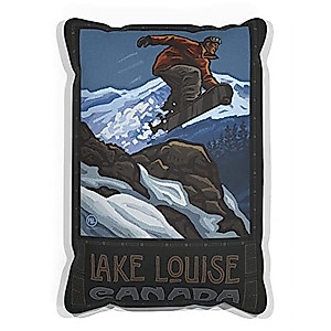 Lake Louise Canada Snowboarder Jumping Canvas Throw Pillow for Couch or Sofa at Home & Office from Travel Artwork by Artist Paul A. Lanquist 13" x 19".