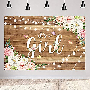 Aperturee It's a Girl Baby Shower Backdrop Watercolor Pink Floral Rustic Wood Floor Butterfly Photography Background 5x3ft Baby Girl Princess Party Decorations Photo Booth Studio Props Banner Supplies