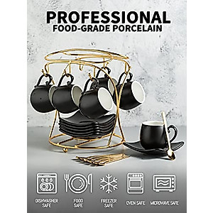 LYEOBOH Espresso Cups with Saucers Set, 3 Ounces Porcelain Coffee Cups with Metal Stand and Spoons,Cappuccino Cups Cute Demitasse Cups for Coffee Drinks, Latte, Tea Set of 6, Black