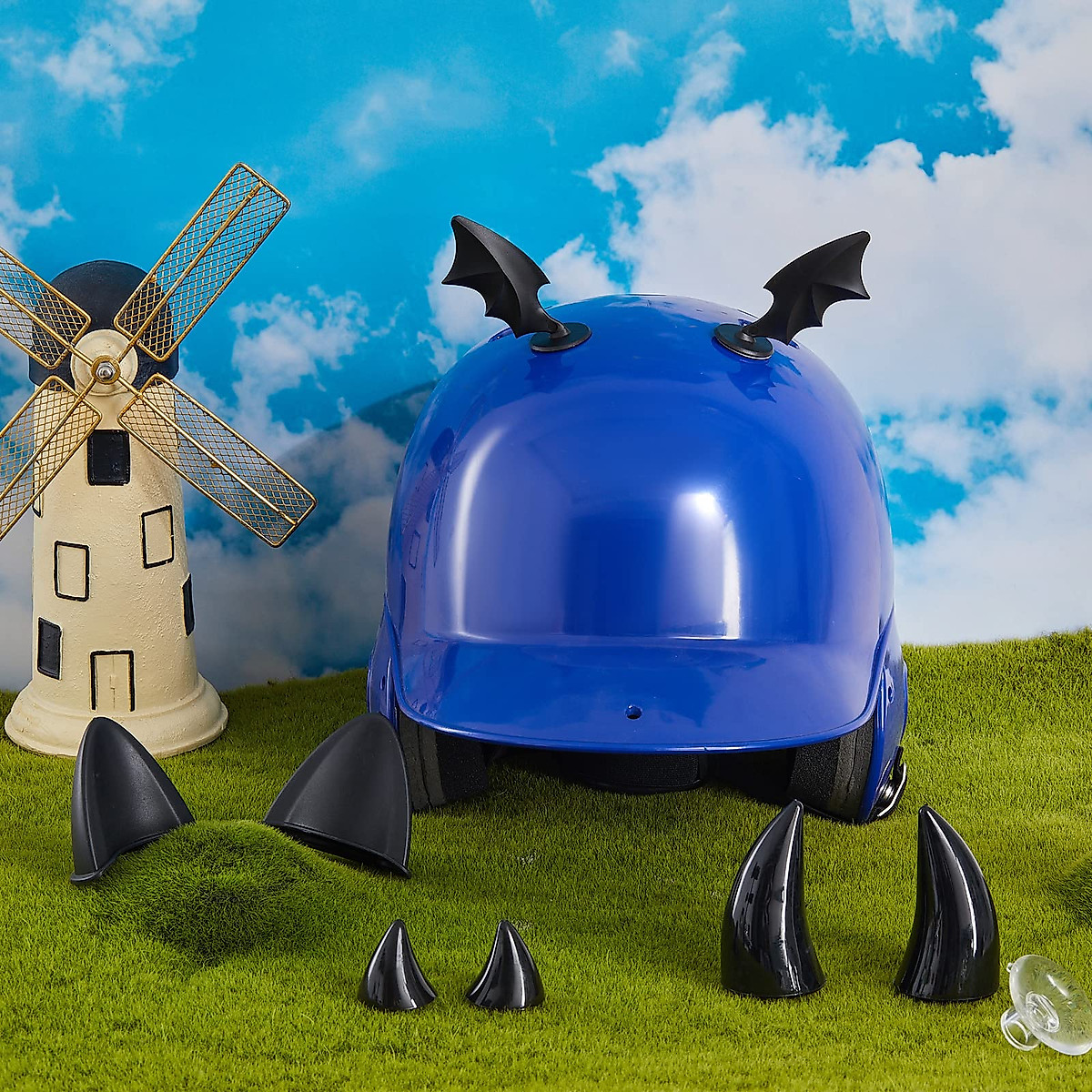 Lewtemi 4 Pairs Helmet Devil Horns Motorcycle Helmet Accessories Cat Ears Stick on Bike Helmet Devil Wings Horns with Adhesive Suction Cup Ski Helmet Accessories for Women Men, Black