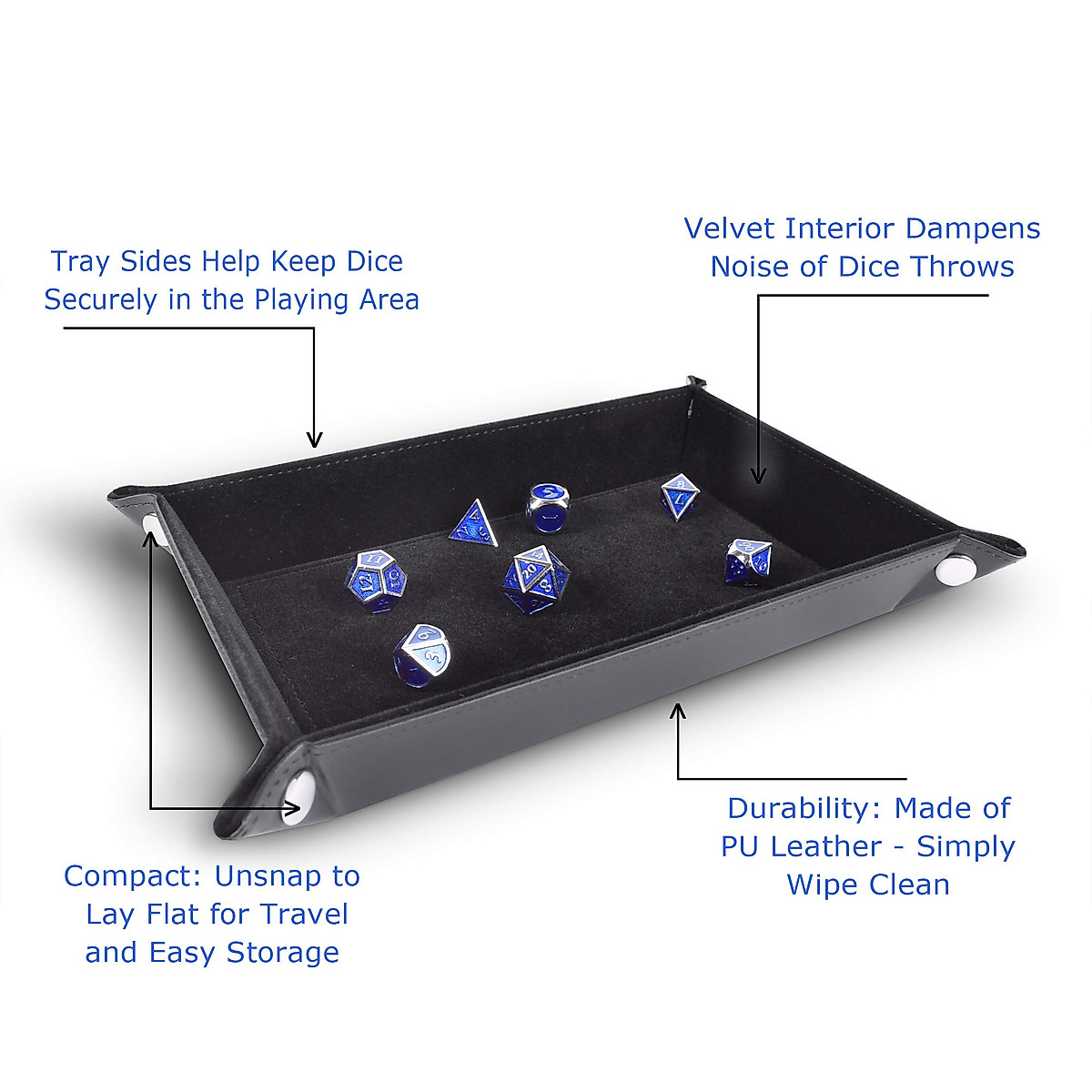RNK Gaming Folding Dice Tray PU Leather and Black Velvet Rectangle for Dice Rolling Games Like DND d&d
