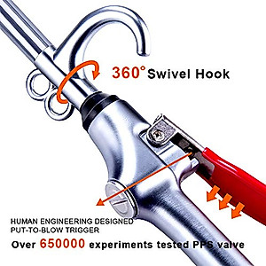 High Volume Powerful Industrial Air Blow Gun, 17-26 Inch Extensible Stainless Steel Air Flow Nozzle, Pneumatic Air Compressor Accessories Tool, Extended Dust Air Blower Gun with 360 Degree Swivel Hook