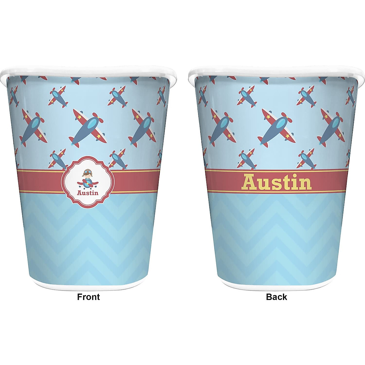 RNK Shops Personalized Airplane Theme Waste Basket - Double Sided (Black)