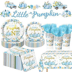 Little Pumpkin First Birthday Decorations - Little Pumpkin is Turning One Decorations Set Includes Plates, Napkins, Cups, Forks, Tablecloth, Banner fo Boy Pumpkin Birthday Decorations, Serves 24