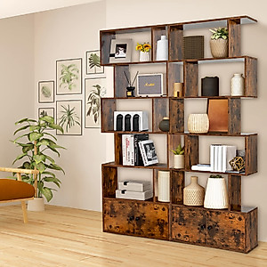 Tangkula S Shaped Bookshelf with Cabinet, 6-Tier Bookcase with Doors, Freestanding Geometric Bookshelves for Living Room, Anti-toppling Device, Home Office Wood Storage Display Shelf (1, Rustic Brown)