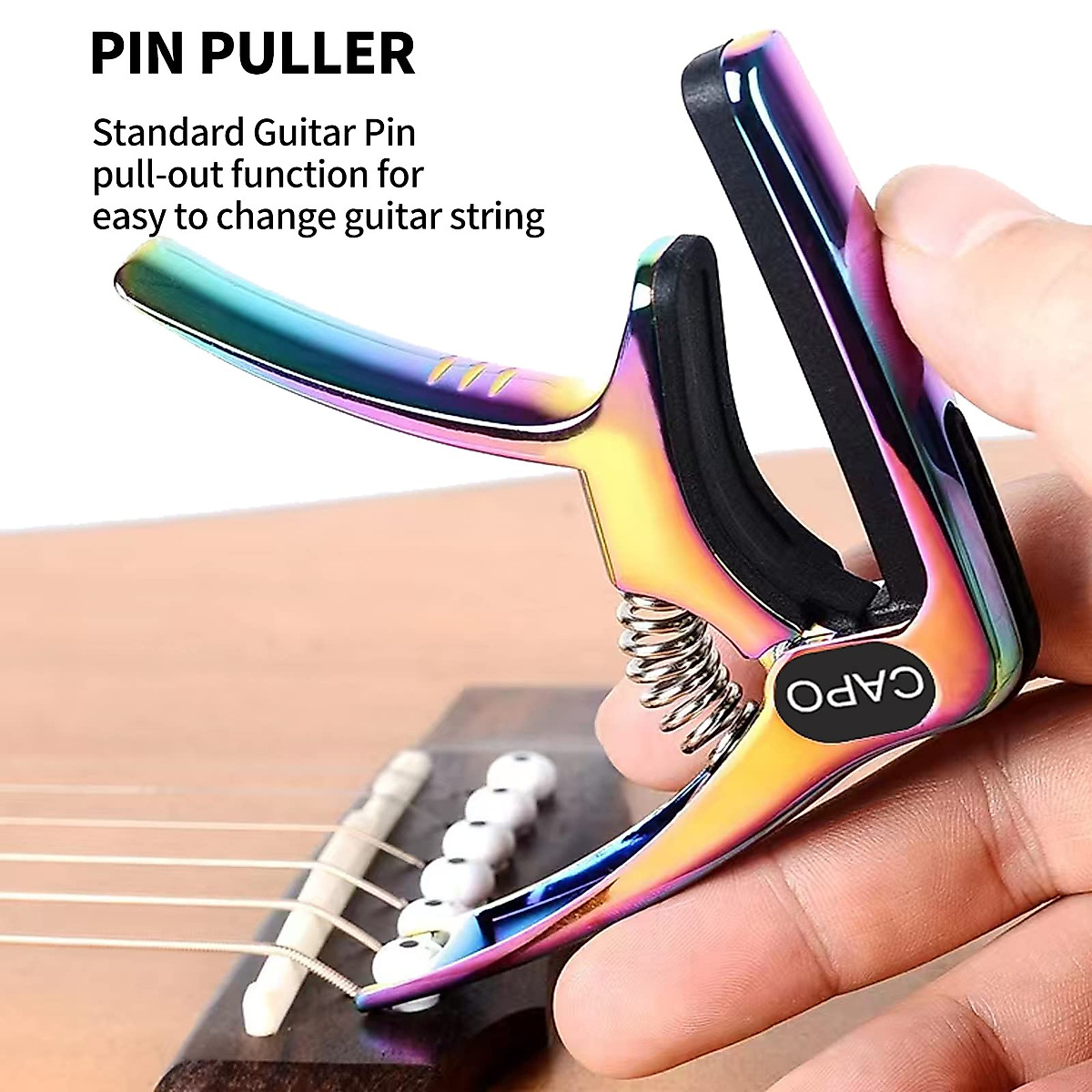 Guitar Capo, 3-in-1 multifunction capo for Acoustic and Electric Guitars (Free bonus 4 picks) with Pick Holder and Pin Puller, Guitar Accessories, Gradient colorful