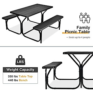 Tangkula Picnic Table Bench Set, Outdoor Picnic Table with 2 Benches, Metal Camping Table with Plastic Wood-Like Texture Tabletop & Steel Frame, Ideal for Picnic, Party, Garden, Lawn (Black)