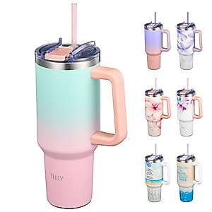 THILY 40 oz Stainless Steel Tumbler with Handle - Vacuum Insulated Travel Cup, Splash-Proof & Leakproof Lid, 2 Straws & Brush | Keeps Cold 34H/Hot 12H, Cupholder Friendly, Candy Pink