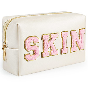 besharppin Preppy Makeup Bag, Synthetic Leather Patch Cosmetic Bag with SKIN Chenille Letter for Travel, Gift for Girlfriend or Wife, Present for Girls, Daughter, Sister and Mother