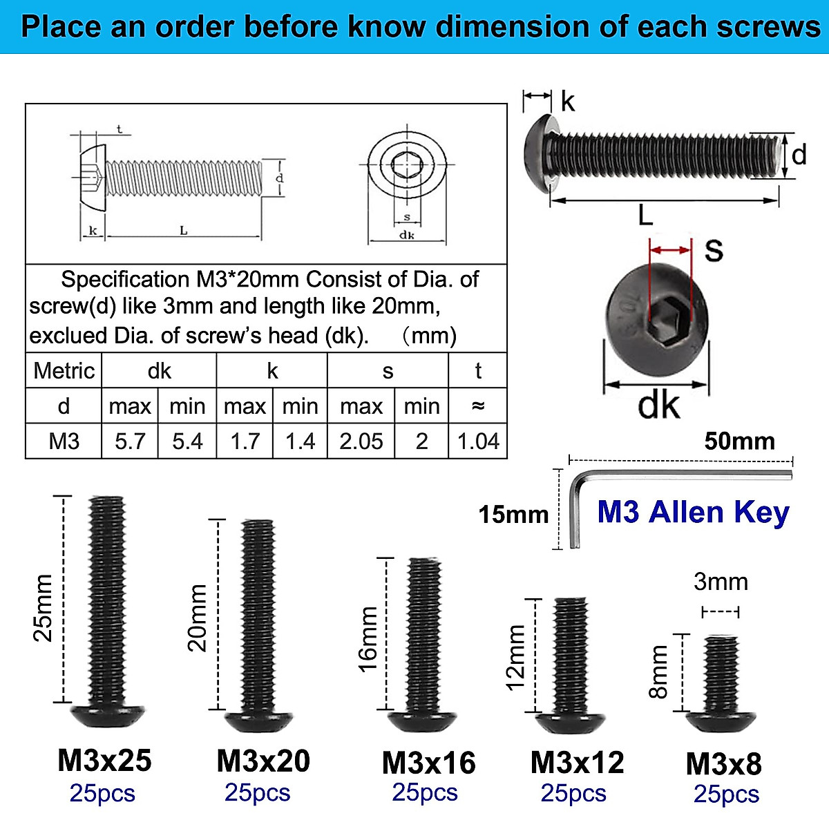 HanTof 125PCS Button Head Hex Socket Cap Screws Bolts, Black Grade 10.9 Alloy Steel, Metric M3 x 8/12/16/20/25mm Allen Head Hex Socket Drive Machine Screw Set with Hex Key, Fully Threaded Pitch: 0.5mm