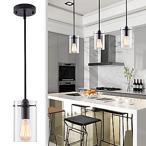 XUPUHOUSE Matte Black Pendant Lights Kitchen Island,Adjustable Hanging Pendant Light with Clear Glass Shade,Single Pendant Light Fixtures Ceiling Hanging for Living Room,Bedroom and Hallway,E26 Base