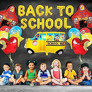 Stcomart Back To School Balloons, School Bus Apple Star Foil Mylar Balloons for First Day of School Decoration Kindergarten, Gold