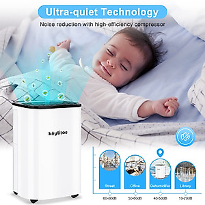 Keylitos 12L Day Dehumidifiers for Home and Basements,Quiet Dehumidifier with Drain Hose, with Digital Humidity Display, Auto or Manual Drainage for Large Room, Garage, Bedroom, Bathroom