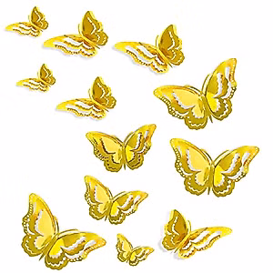 HUSGA Butterfly Wall Decor, 3 Sizes Butterfly Cake Decorations, Three-dimensional hollow design Hanging butterfly for Garden Themed Tea Party Graduation Wedding Baby Shower. (Gold)