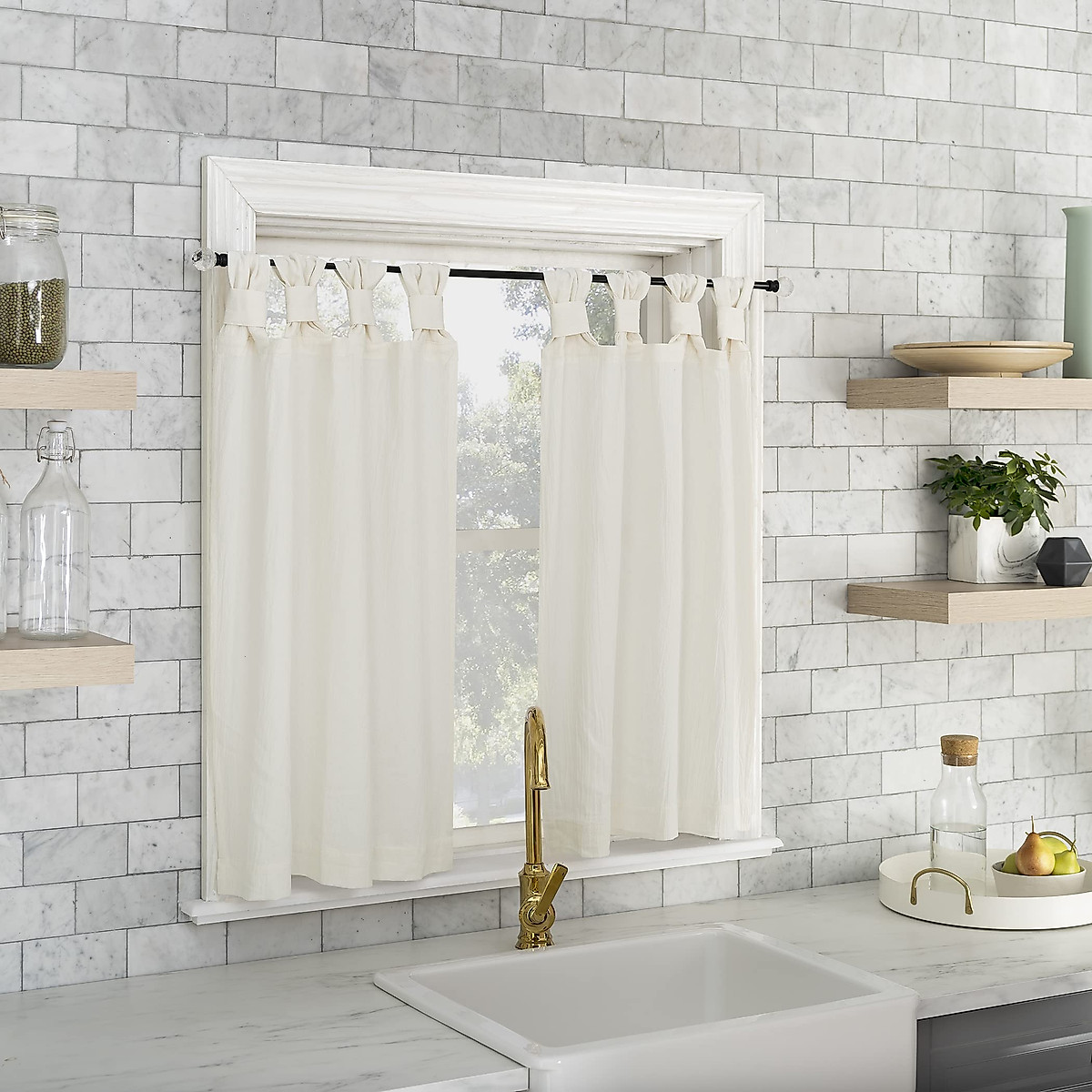 Archaeo Washed Cotton Small Window Twist Tab Cafe Curtains, 52" x 45", Ivory