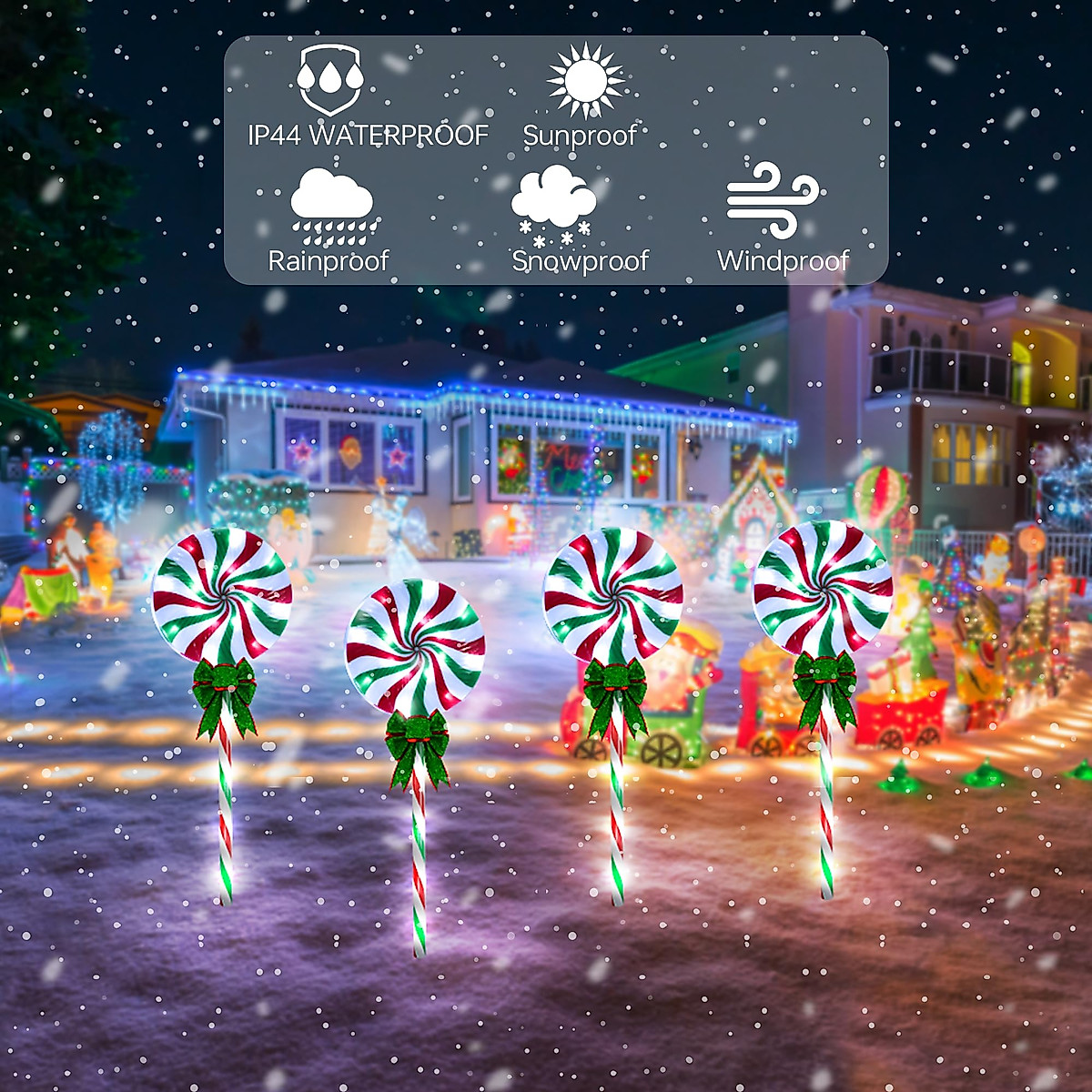 4 Pack 27.5" Lollipop Peppermint Christmas Pathway Lights Outdoor with Bow, Green Red White 80 LED Solar Candy Cane Lights 8 Modes Waterproof, Walkway Markers for Xmas Outsides Garden Yard Decoration