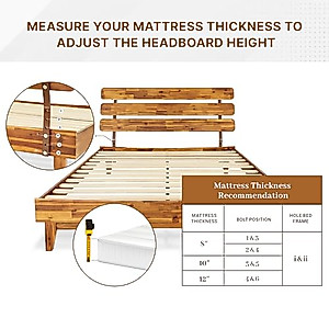 Bme Caden 15 Inch Deluxe Bed Frame with Adjustable Headboard - Mid Century, Retro Style with Acacia Wood - No Box Spring Needed - 12 Strong Wood Slat Support - Easy Assembly - Caramel, Queen