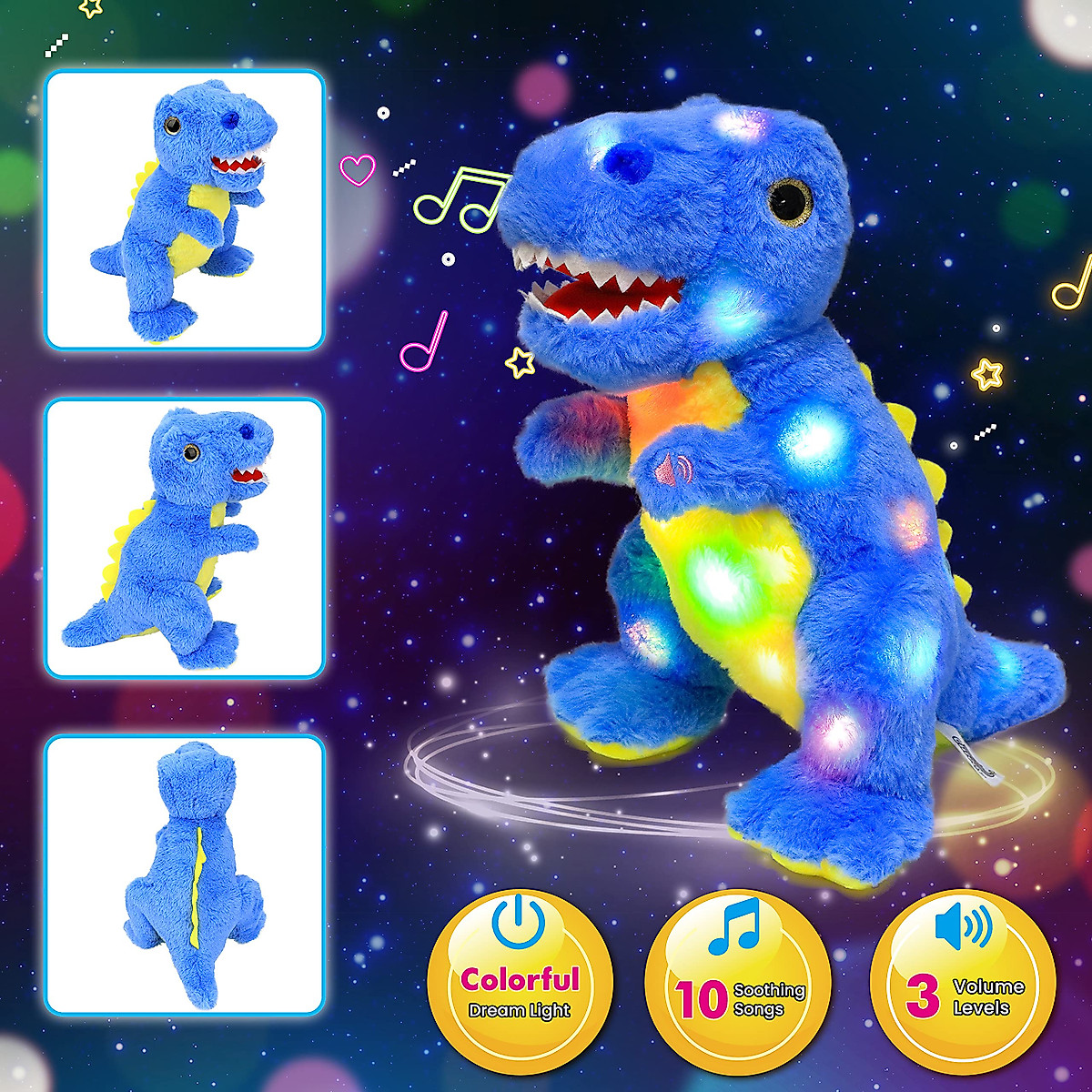 Cuteoy Blue Dinosaur LED Musical Stuffed Animal Light-up Singing Plush T-Rex Adjustable Volume Lullaby Plushies Birthday Christmas Toy Gifts for Kids Toddler Girls, 12"