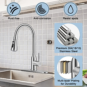 Homikit Kitchen Sink Faucet Brushed Nickel with Pull Down Sprayer, 304 Stainless Steel Kitchen Faucets with Deck Plate for 1 or 3 Hole, High Arc Commercial Faucet for Farmhouse Laundry Utility Rv Bar