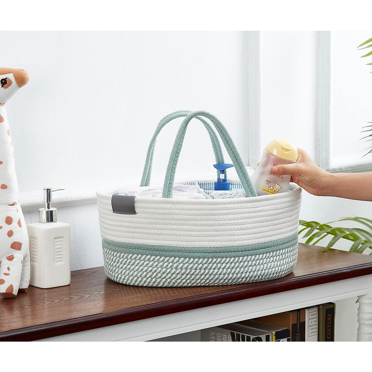 DECOMOMO Green Diaper Caddy, Nappy Caddy, Woven Baby Basket (Sage Green & White, Large)